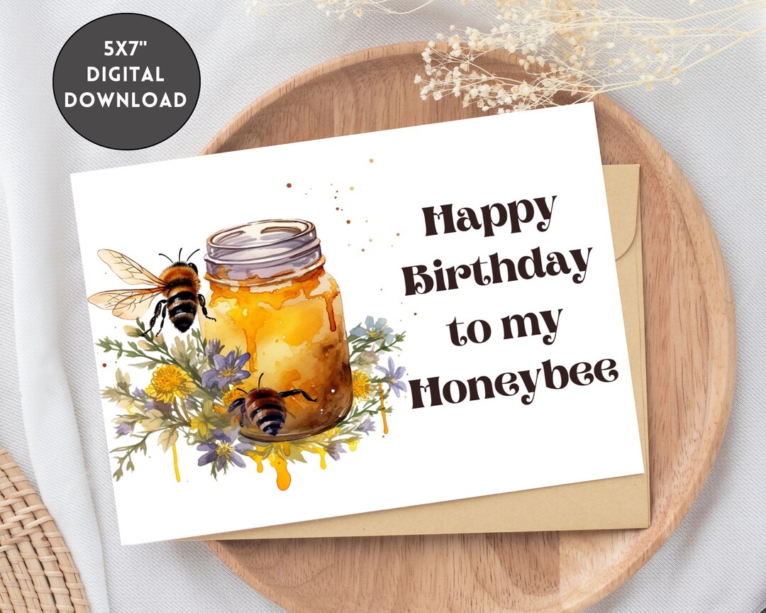Yellow Honeybee Happy Birthday Greeting Card Printable Digital Download ...