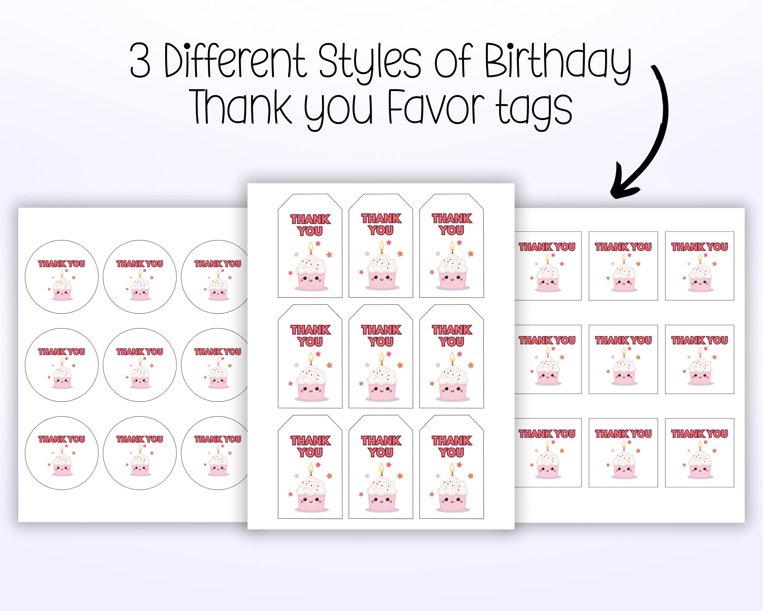 Pink Birthday Cupcake Birthday Tags and Favor Tags Cute Cupcake Card ...