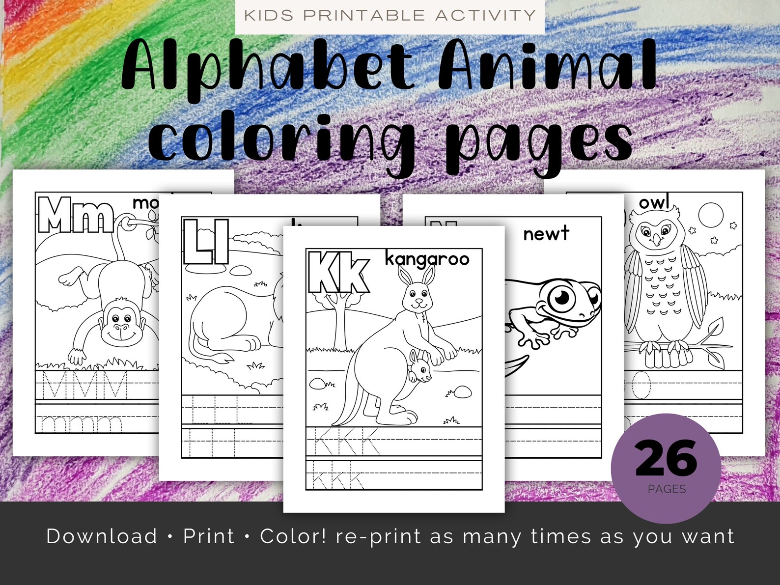 Kids Printable Animal Alphabet Coloring Pages and Letter Tracing for ...