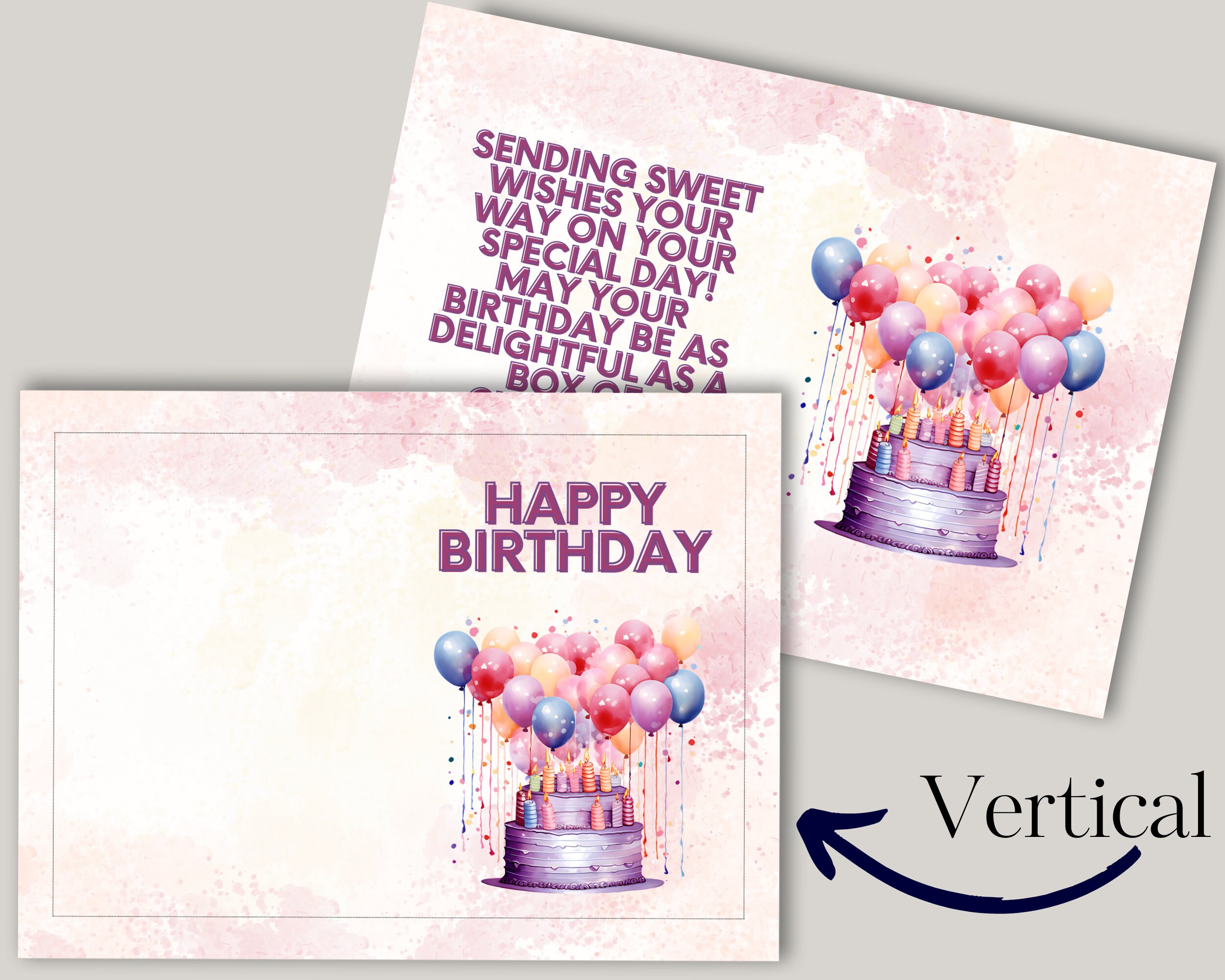 Watercolor Balloons and Cake Printable Happy Birthday Greeting Card 5x7 ...