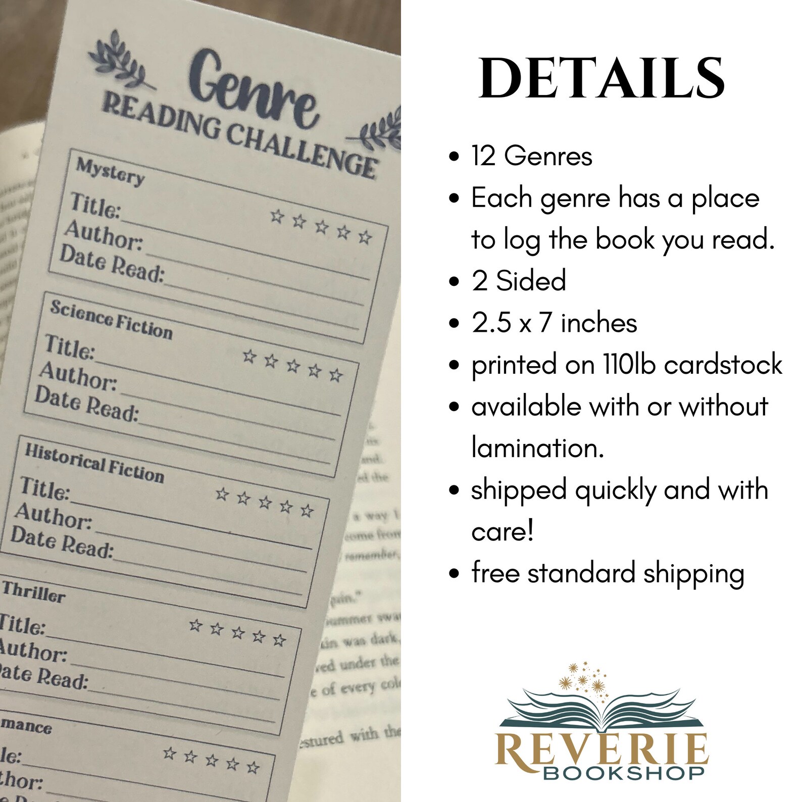 Genre Reading Challenge Bookmark 2.5x7 Inch Printed on Cardstock Book ...