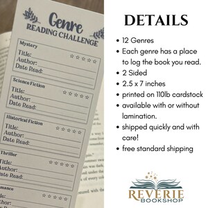 Genre Reading Challenge Bookmark 2.5x7 Inch Printed on Cardstock Book ...