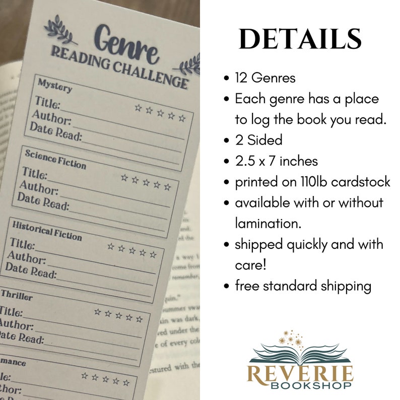 Genre Reading Challenge Bookmark 2.5x7 Inch Printed on Cardstock Book ...