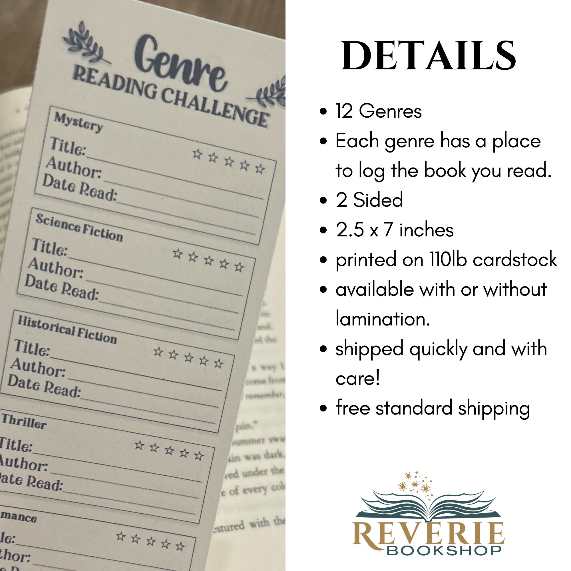 Genre Reading Challenge Bookmark 2.5x7 Inch Printed on Cardstock Book ...