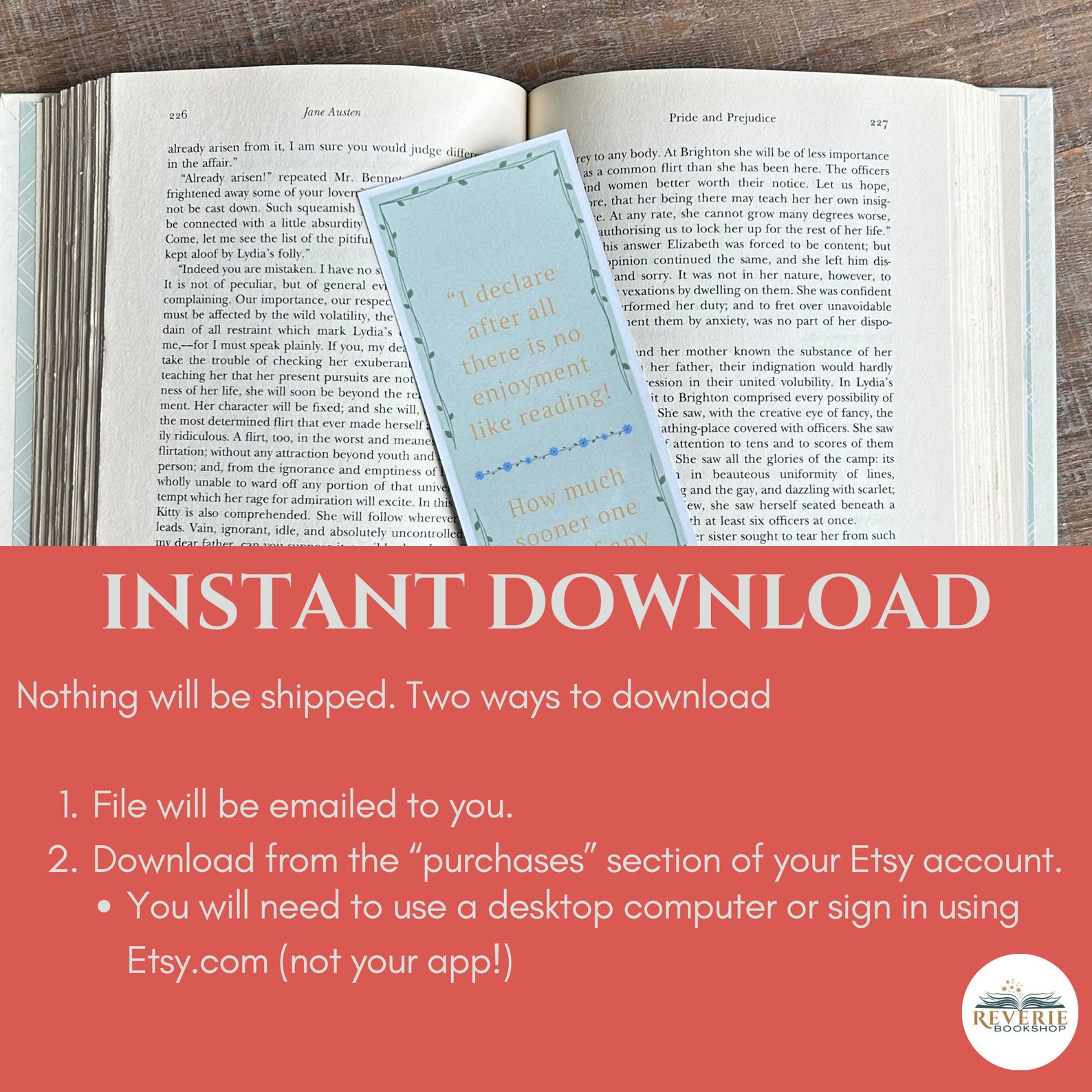 Pride and Prejudice Printable Bookmark With Jane Austen Book Quote | 2 ...