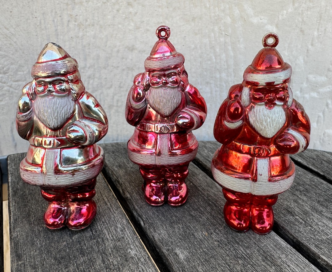 3 Plastic Vintage Santa Ornaments/ Red Shiny Santa Figures/ Santa ...