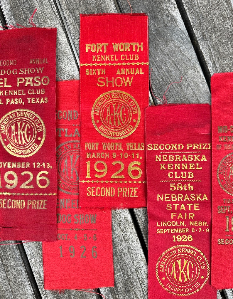 6 Antique DOG Show RED Ribbons/ 1920's/ AKC/ Kennel Club/ 1930's/ Dog ...
