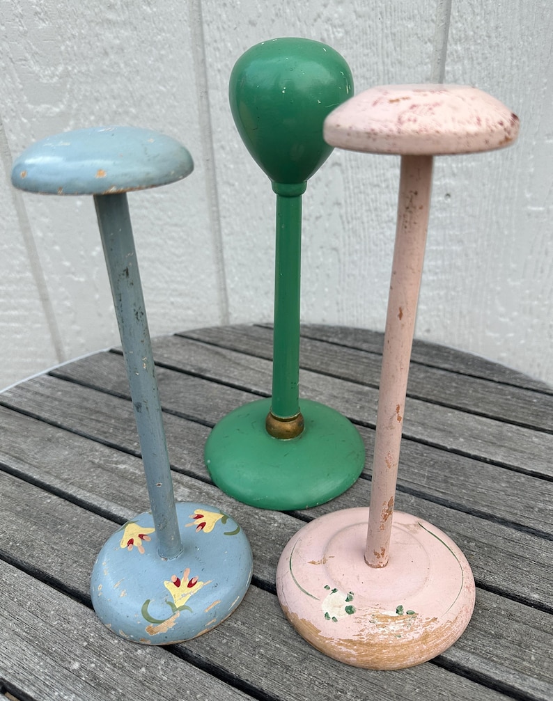 3 Wooden Hat Stands 1940's/ Hand Painted Hat Form/ Vintage Store ...