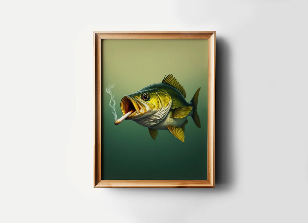 Bass Fish Smoking Wall Art Retro Fishing Print Vintage Poster Beach ...