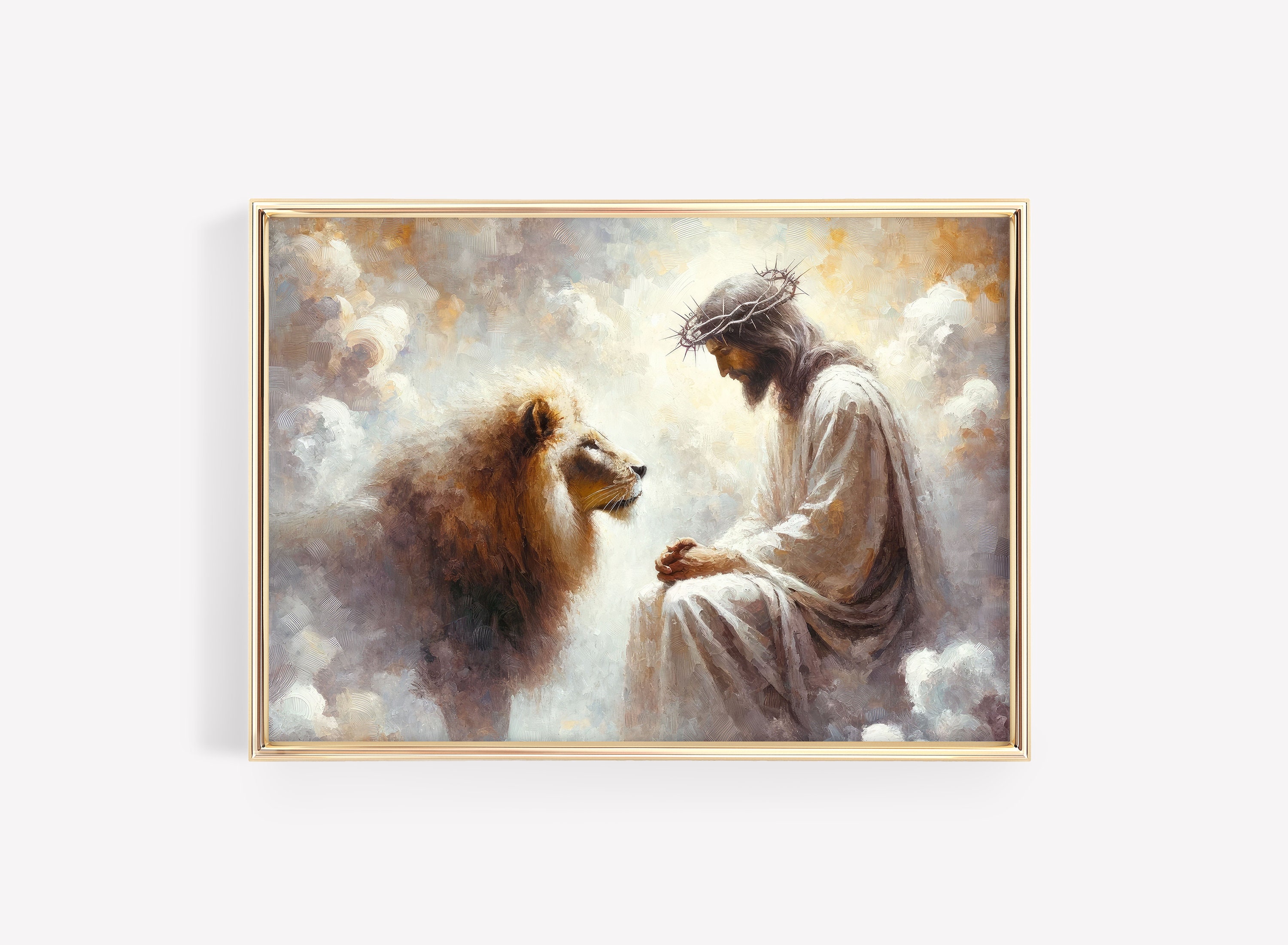 Jesus and Lion Art, Lion of Judah Print, Crown of Thorns Wall Art ...