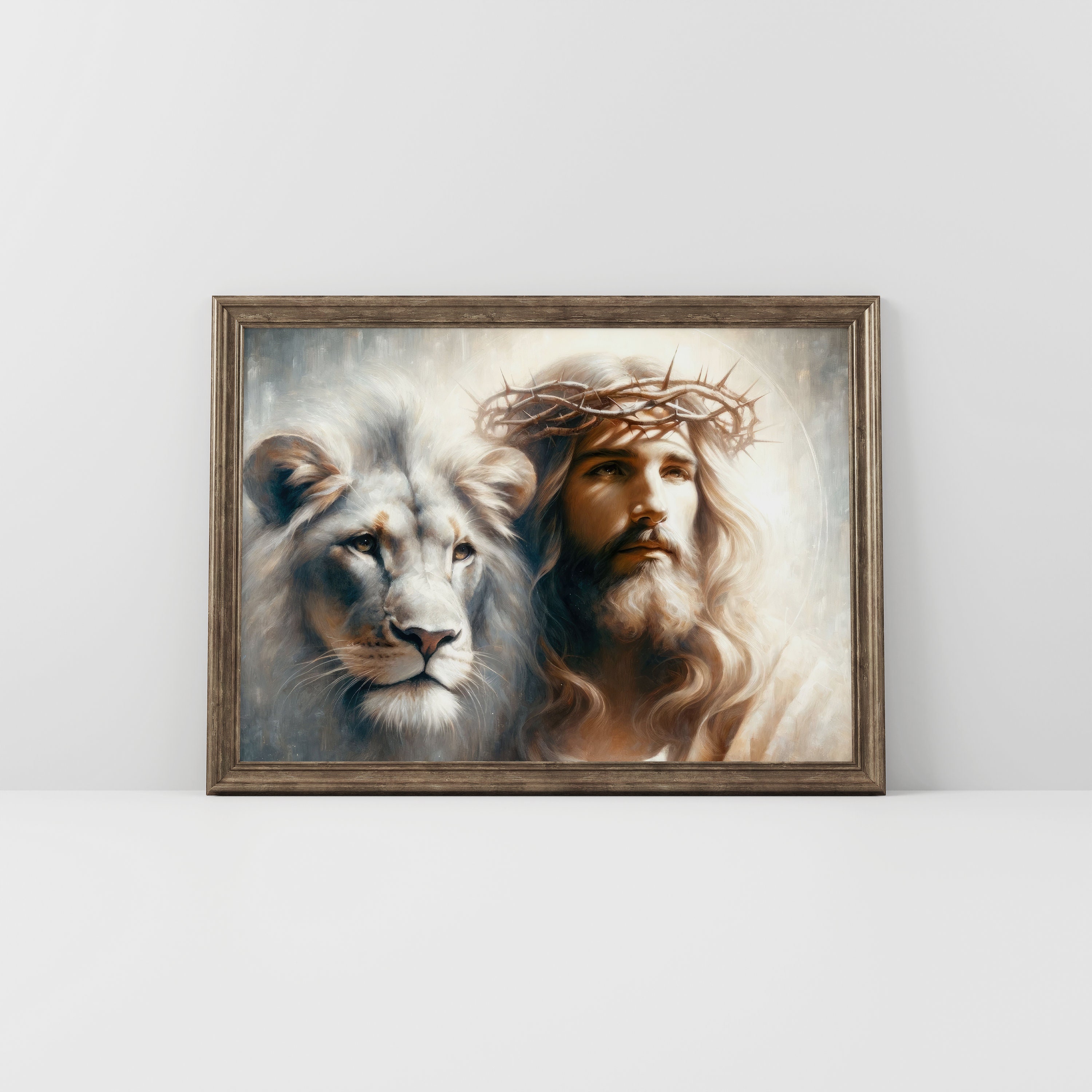 Lion and Jesus Wall Art, Lion of Judah, Crown of Thorns, Jesus Christ ...