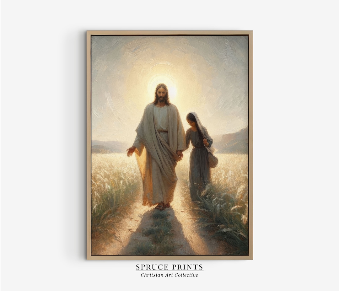 Jesus Christ Walking With Girl Holding Hands, Jesus Savior Wall Art ...