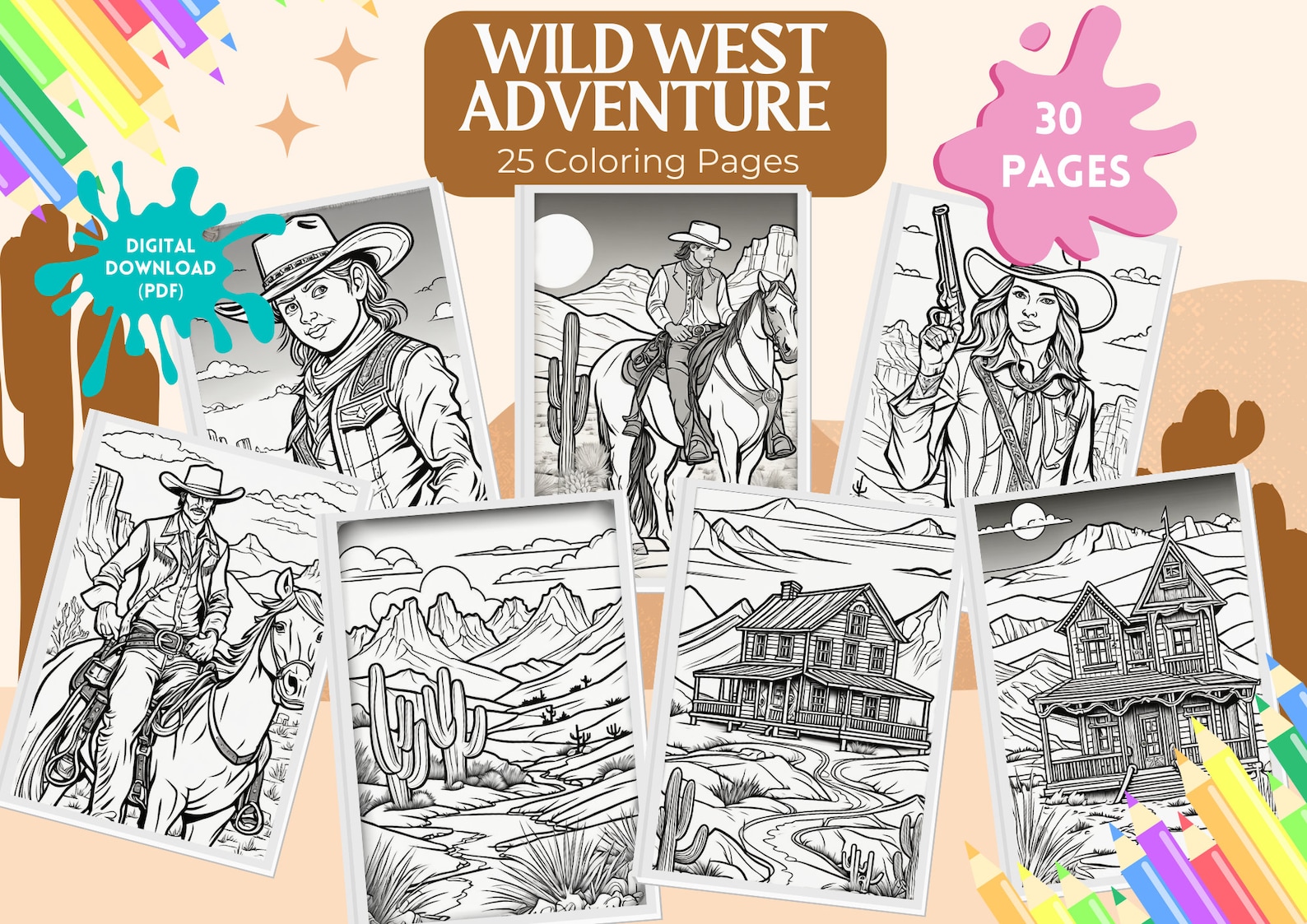 Wild West Adventure Coloring Pages Set - 25 Printable A4 Sheets ...
