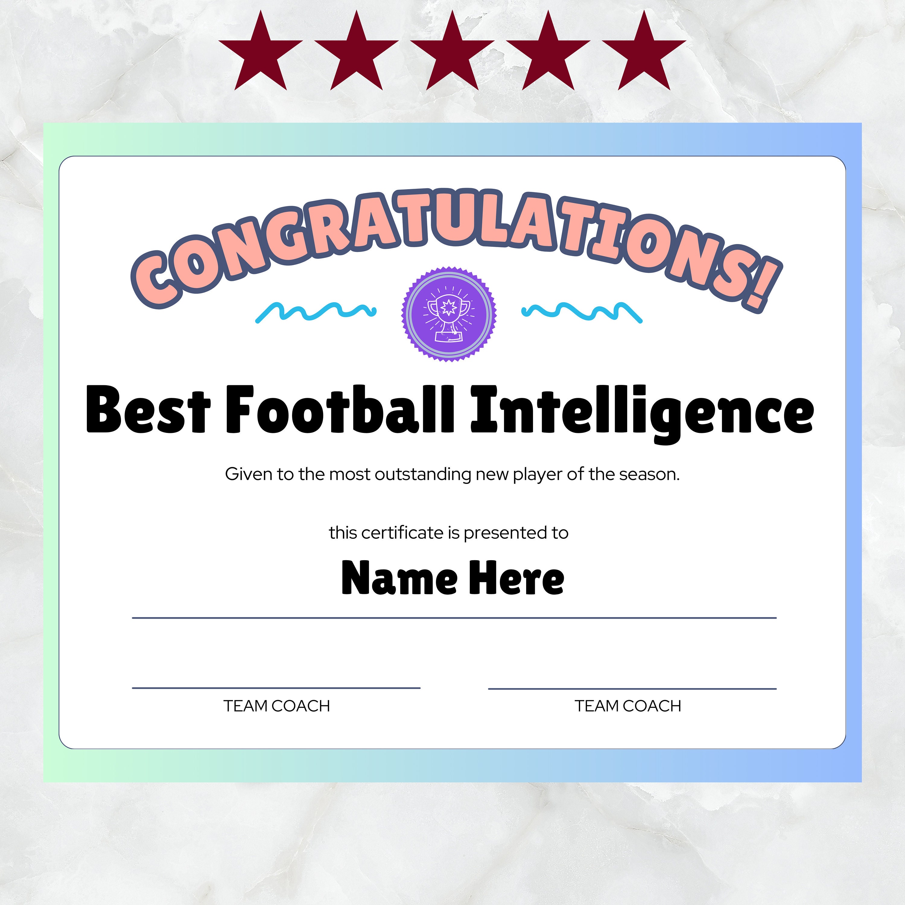 Football Certificate Template, Digital Download, Canva, Editable ...