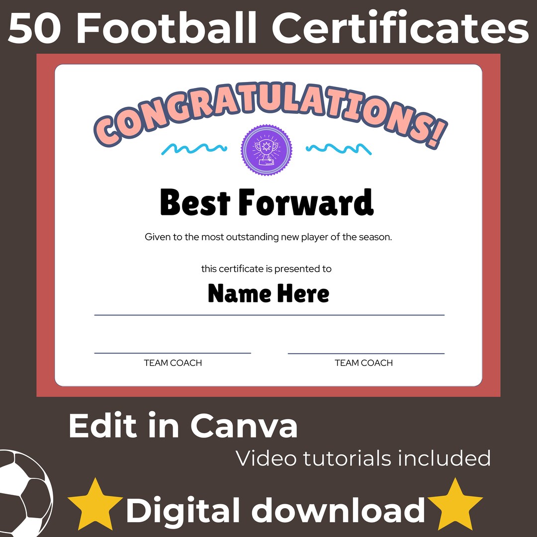 Football Certificate Template, Digital Download, Canva, Editable ...