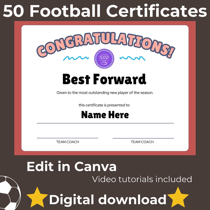 Football Certificate Template, Digital Download, Canva, Editable ...