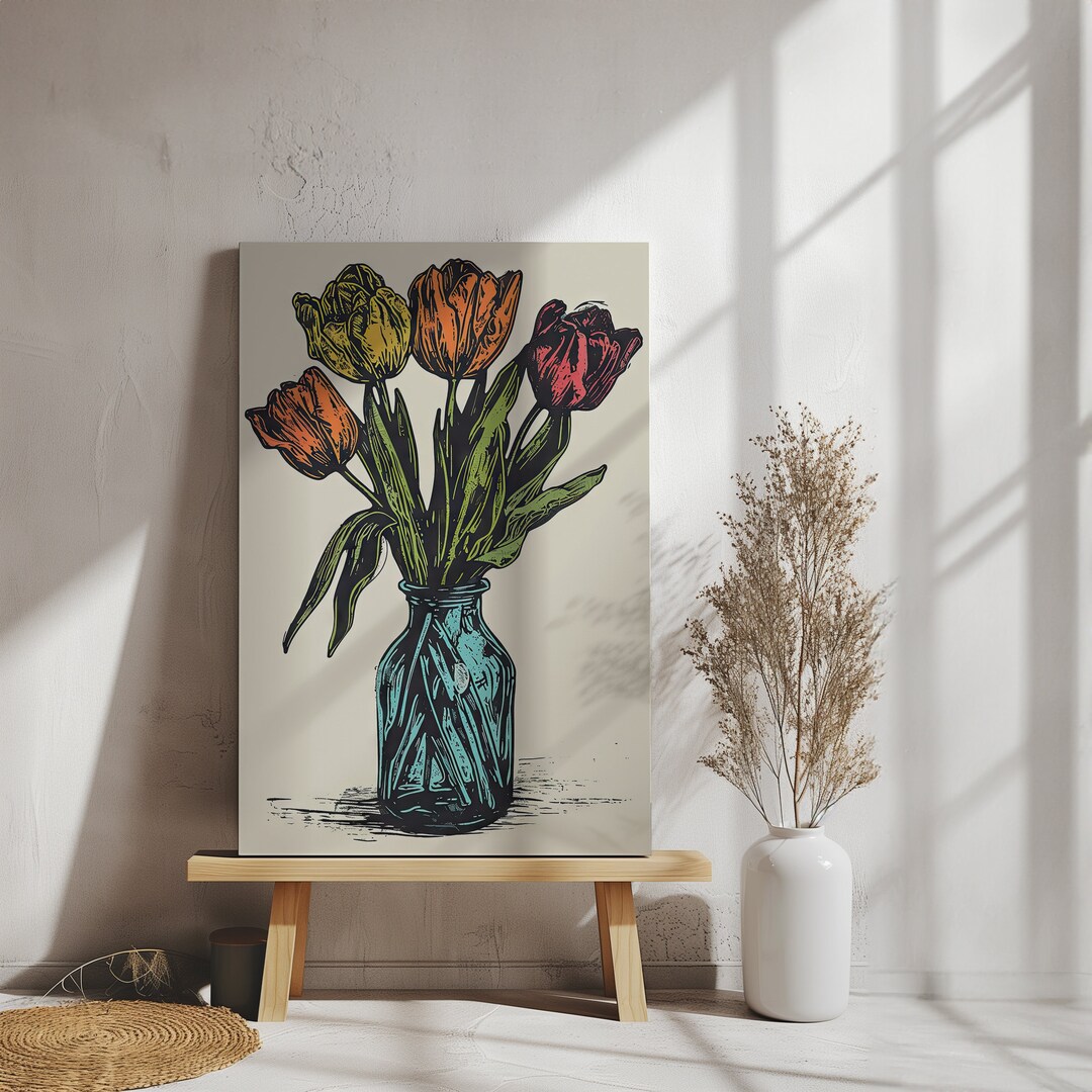 Tulip Trio Canvas Wrap Print Art - Lino Cut Style Multicolored Florals ...