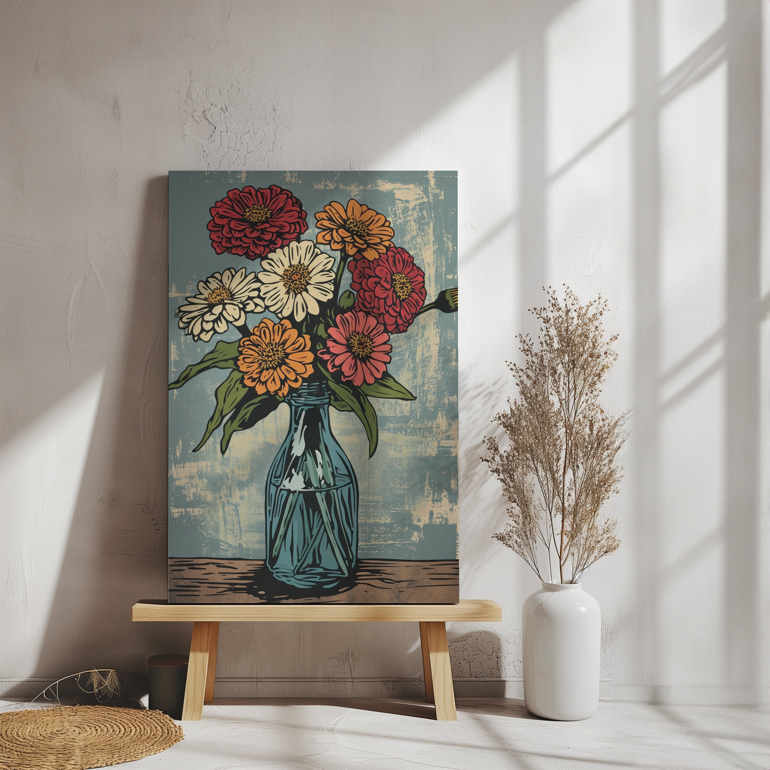 Zinnia Bouquet Canvas Wrap Print Art Vintage Bottle Linocut, Colorful ...