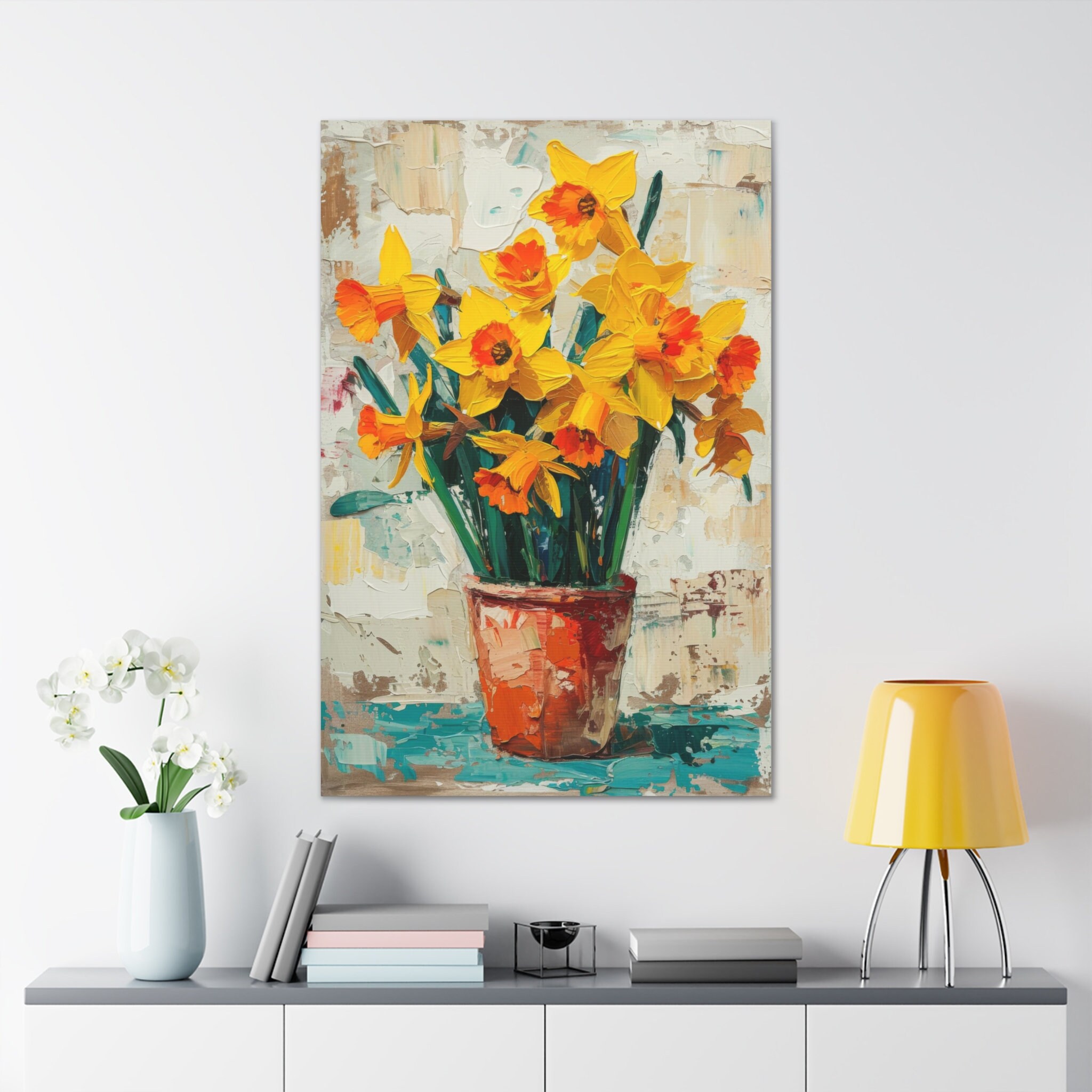 Daffodil Art Print: Textured Oil Painting, Bold Impasto Brushwork ...