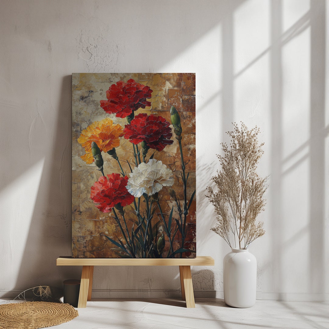Carnation Canvas Wrap Print Art - Vivid Mosaic Florals, Mixed Media ...