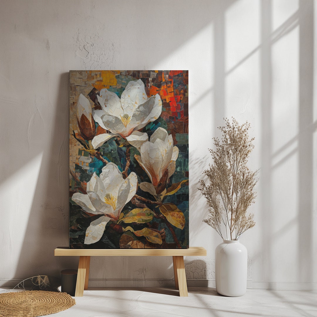 Magnolia Canvas Wrap Print Art - Textured Mosaic Style, Earthtoned ...
