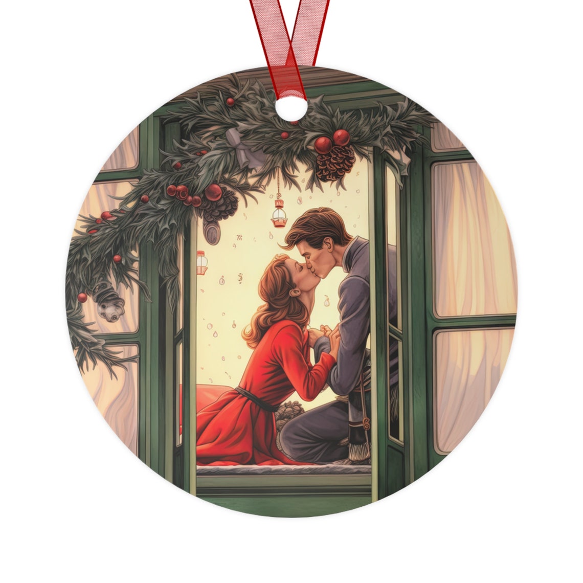 Romantic Mistletoe Moment: 3.5 Ornament, Enchanted Kiss, Lovers, Window ...