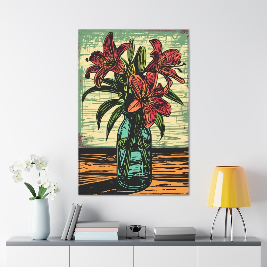 Lily Canvas Wrap Print Art Retro Lino Block Style, Vibrant Floral ...