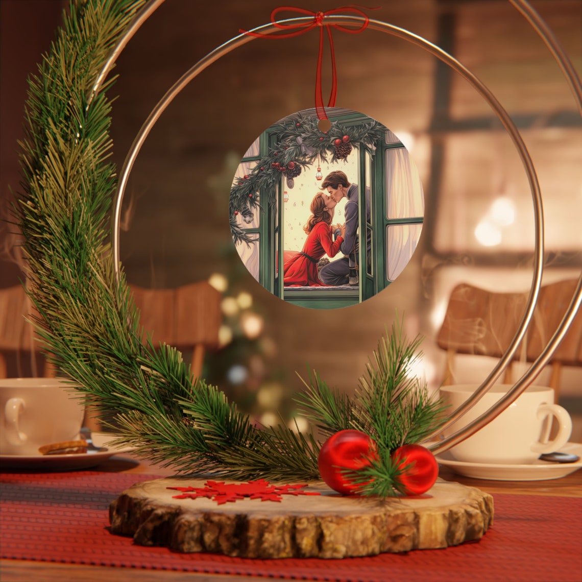 Romantic Mistletoe Moment: 3.5 Ornament, Enchanted Kiss, Lovers, Window ...