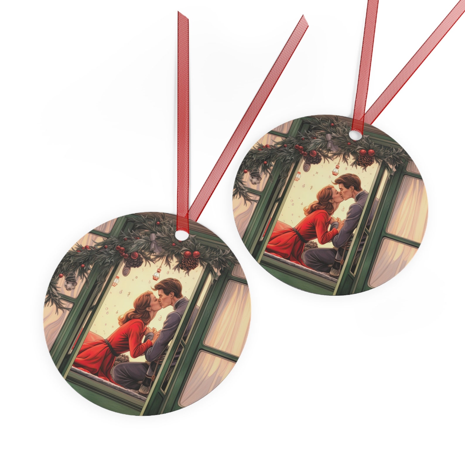 Romantic Mistletoe Moment: 3.5 Ornament, Enchanted Kiss, Lovers, Window ...