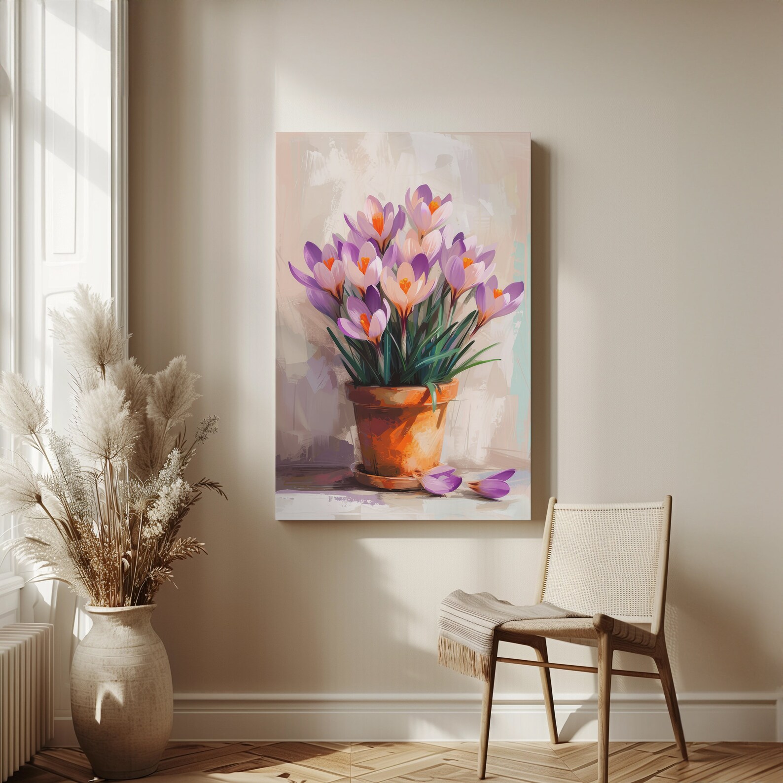 Crocus Art Print: Painting of Spring Flowers in Terracotta Pot, Vibrant ...