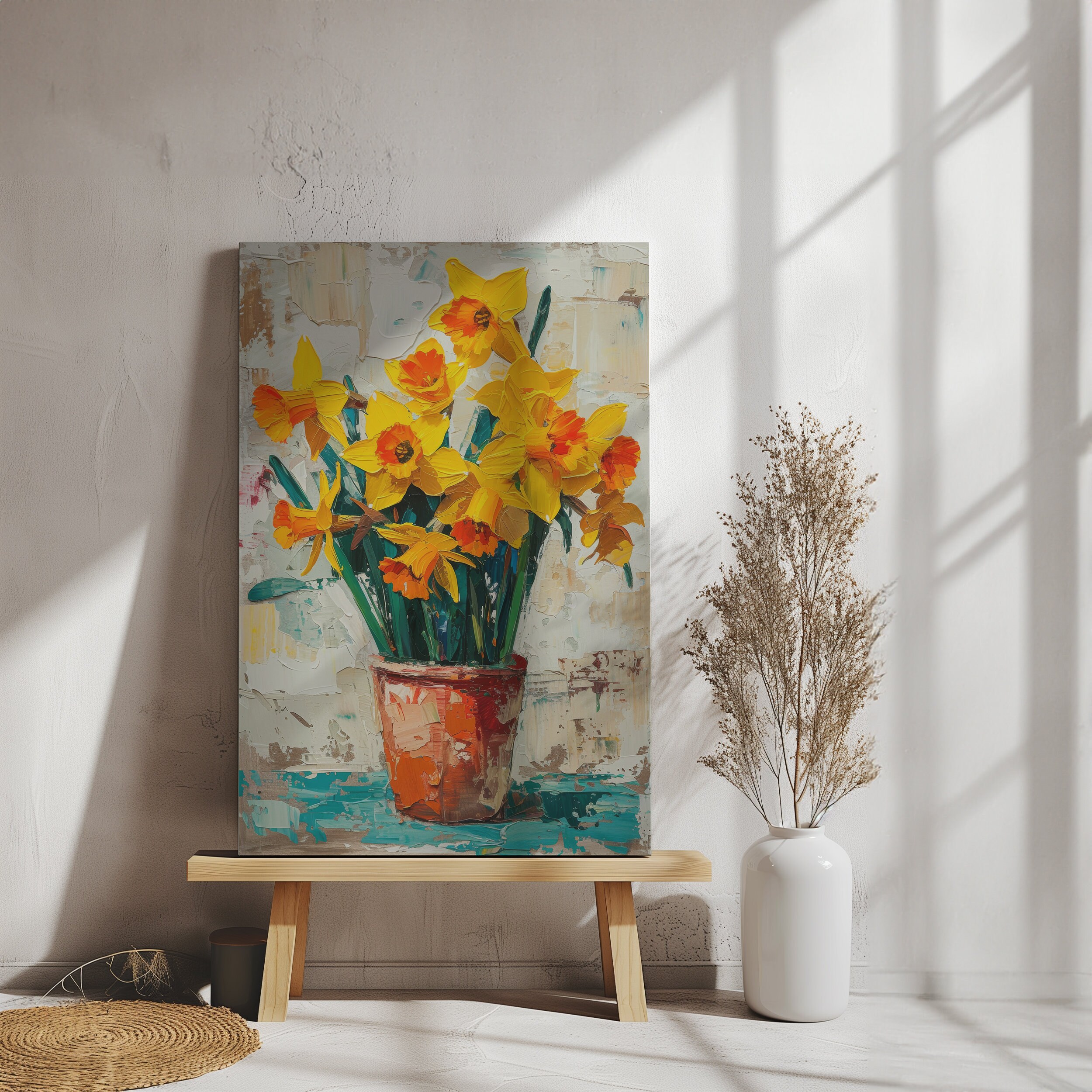 Daffodil Art Print: Textured Oil Painting, Bold Impasto Brushwork ...