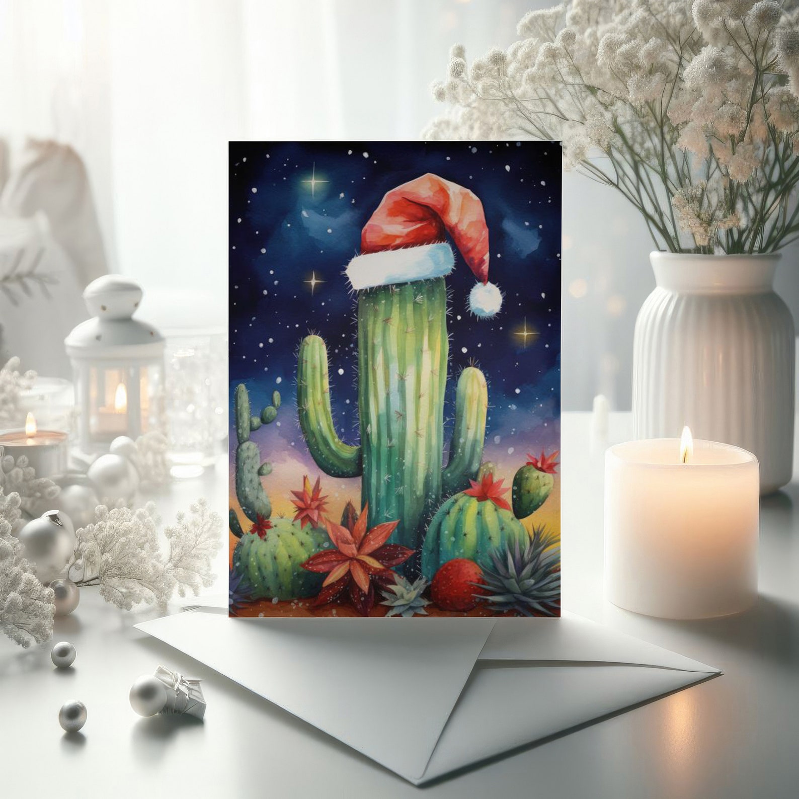 Desert Christmas Cactus Card, Festive Southwestern Flair, Unique ...