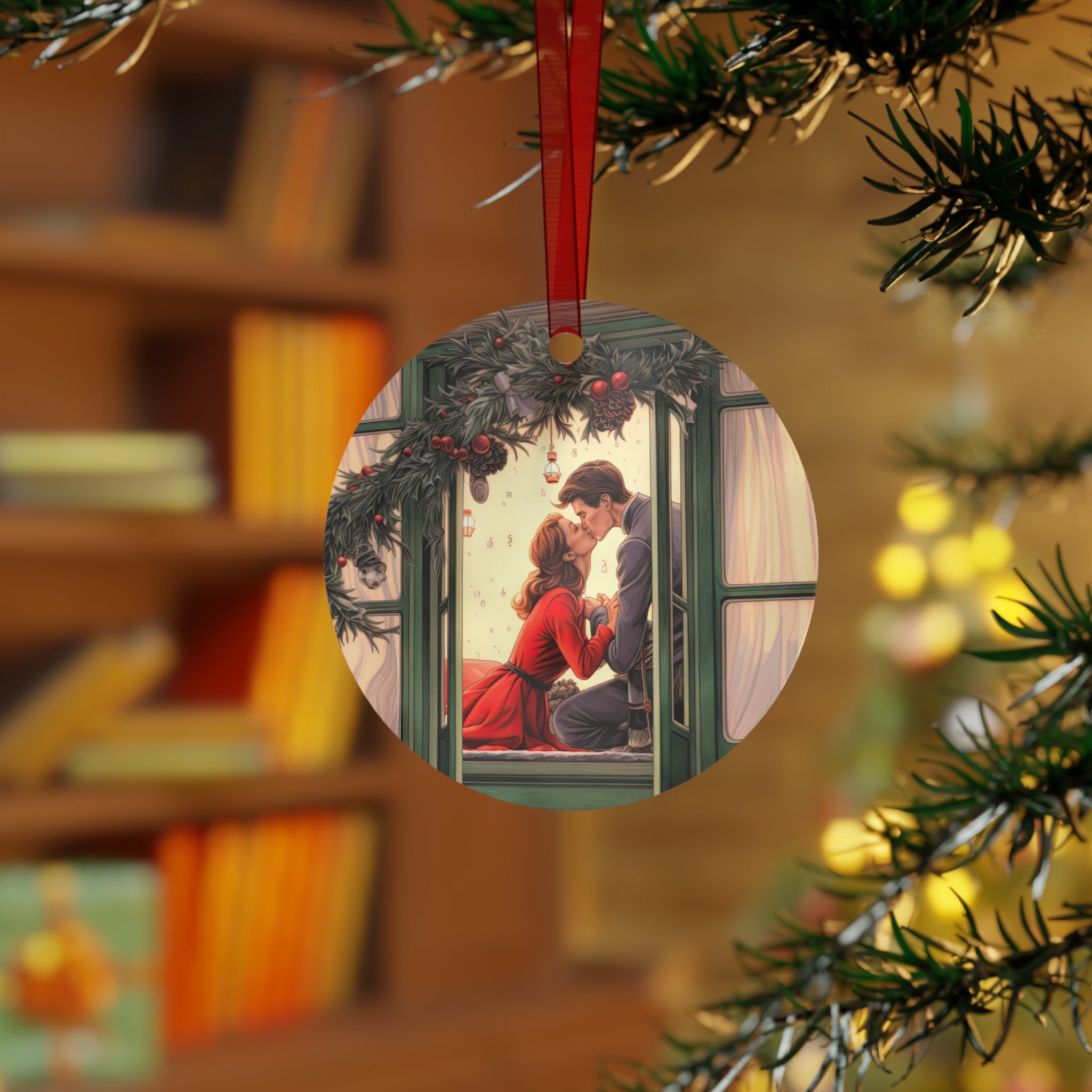 Romantic Mistletoe Moment: 3.5 Ornament, Enchanted Kiss, Lovers, Window ...