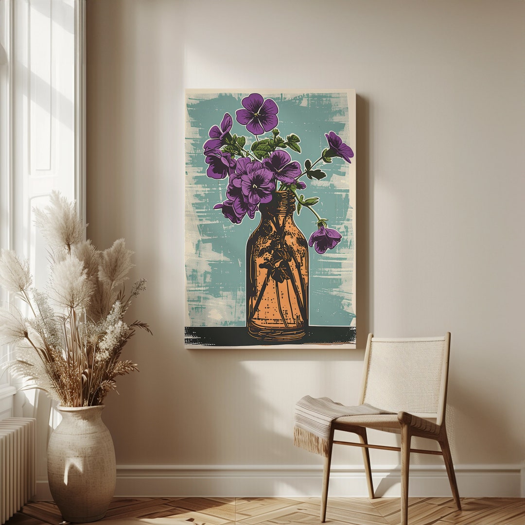 Violet Blooms Canvas Wrap Print Art - Linocut Floral Illustration ...