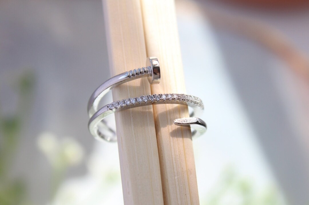 Sterling Silver Ring 18k Gold Plated Trendy Nail Design Paved - Etsy