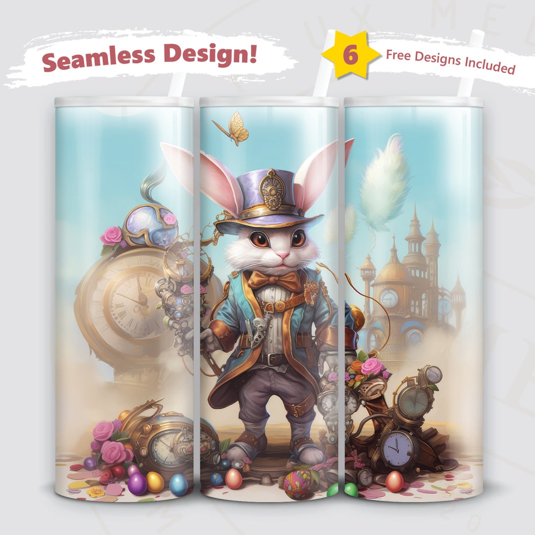 SEAMLESS Steampunk Easter Bunny With Top Hat, Colorful Easter Eggs, and ...