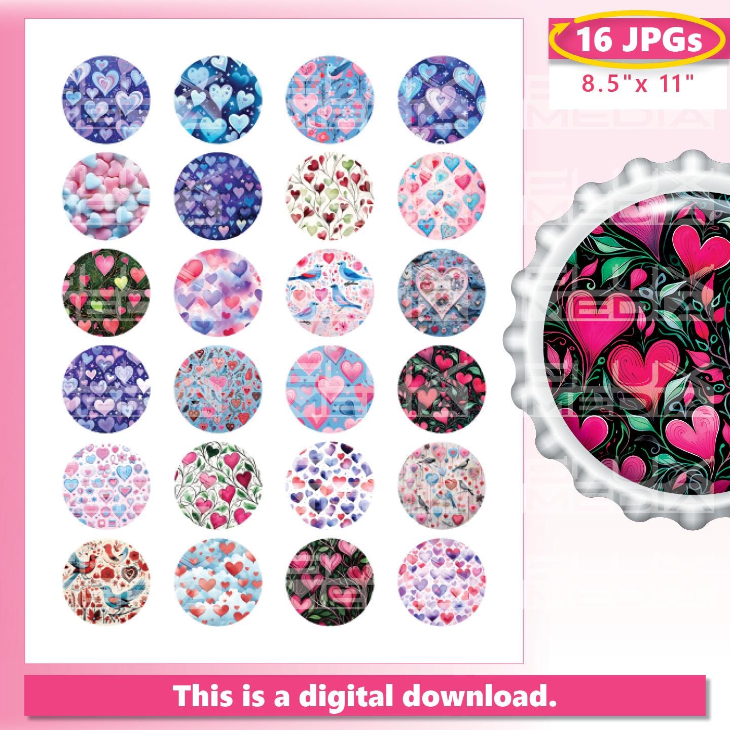 48 Hearts Valentines Patterns Digital Printable Download 1 Inch ...