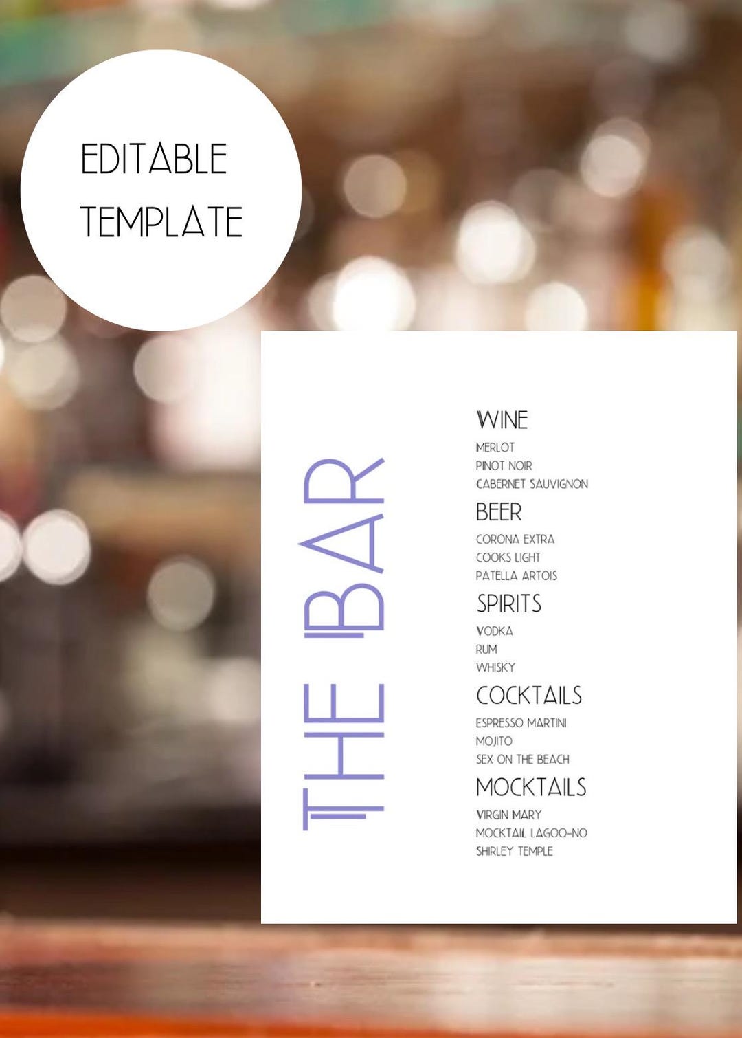Personalised Bar Menu Template - Etsy