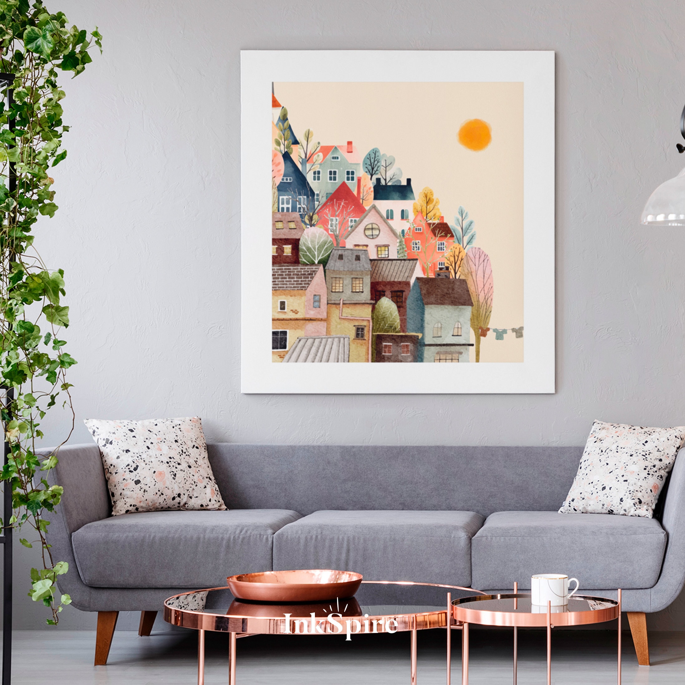 Charming Village Art Print: Whimsical Townscape With Autumn Trees ...