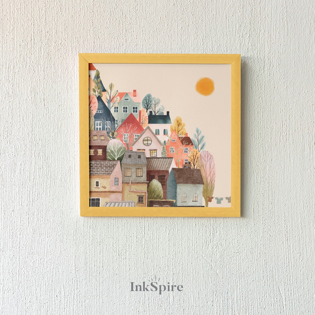 Charming Village Art Print: Whimsical Townscape With Autumn Trees ...