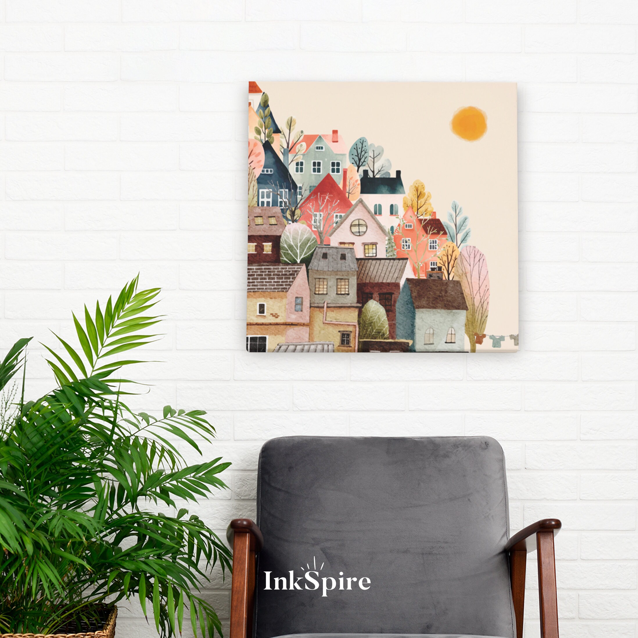 Charming Village Art Print: Whimsical Townscape With Autumn Trees ...