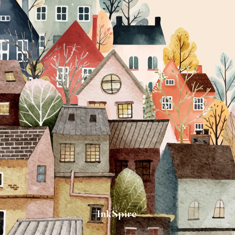 Charming Village Art Print: Whimsical Townscape With Autumn Trees ...