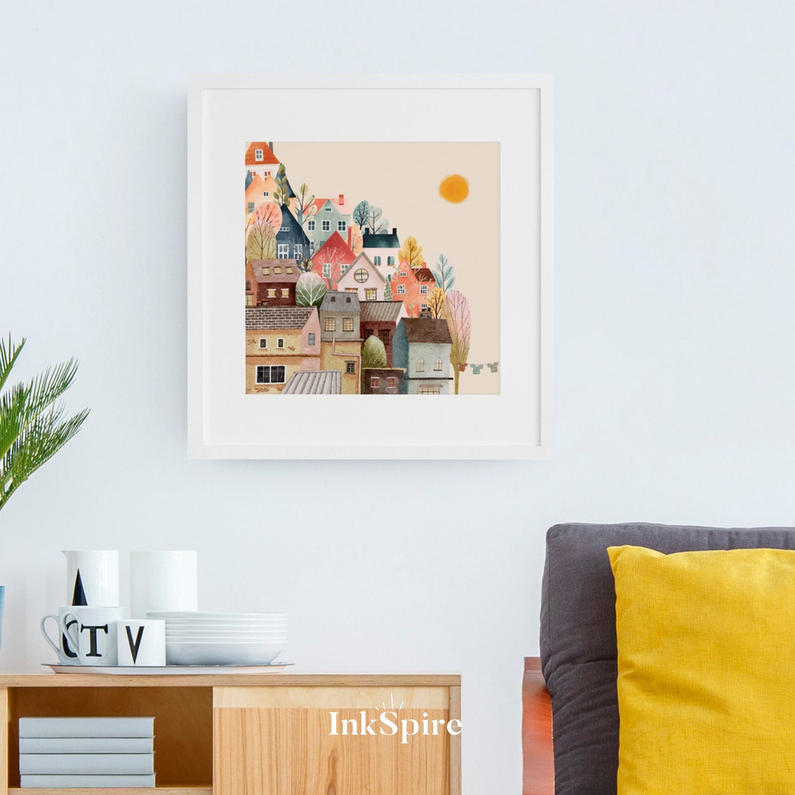 Charming Village Art Print: Whimsical Townscape With Autumn Trees ...