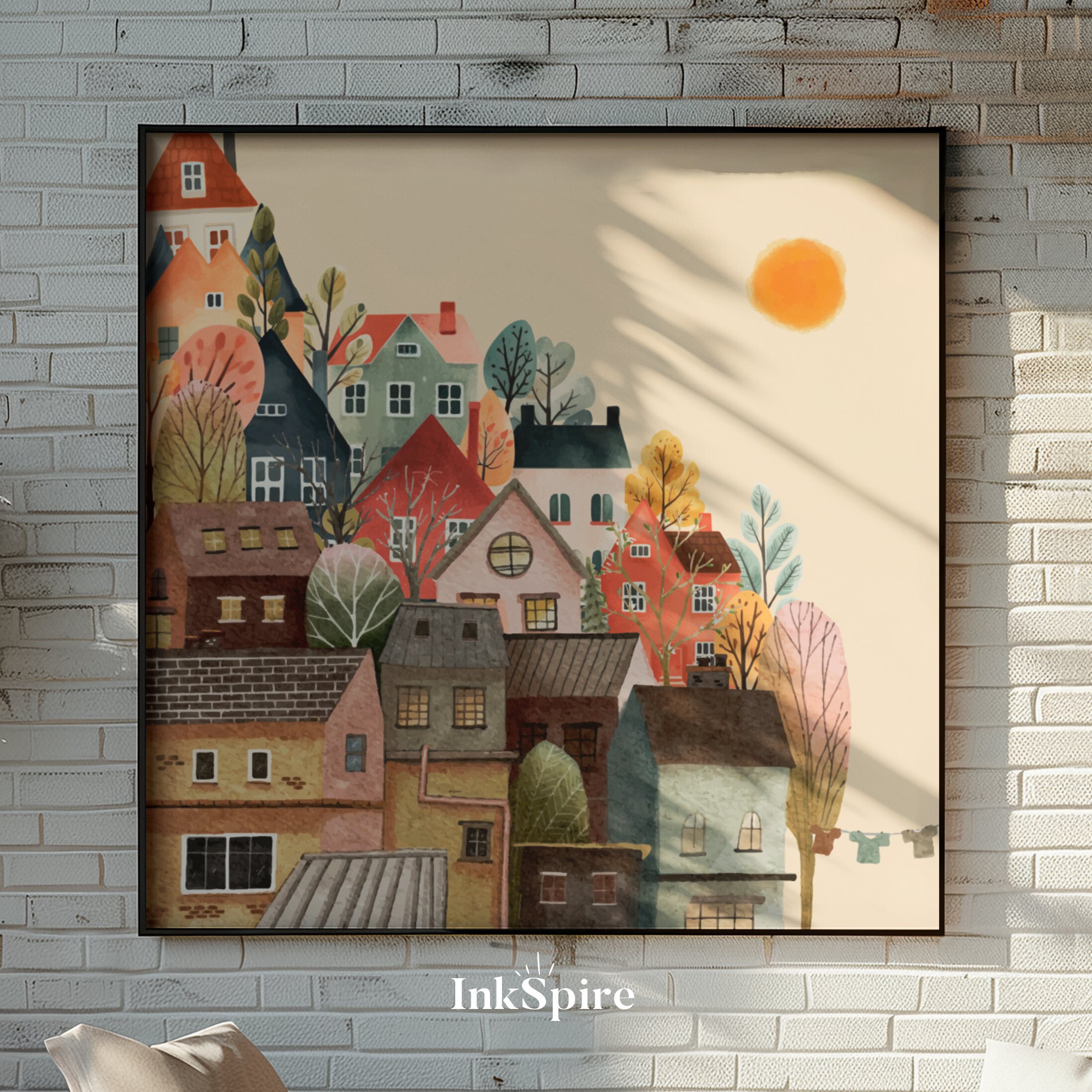 Charming Village Art Print: Whimsical Townscape With Autumn Trees ...