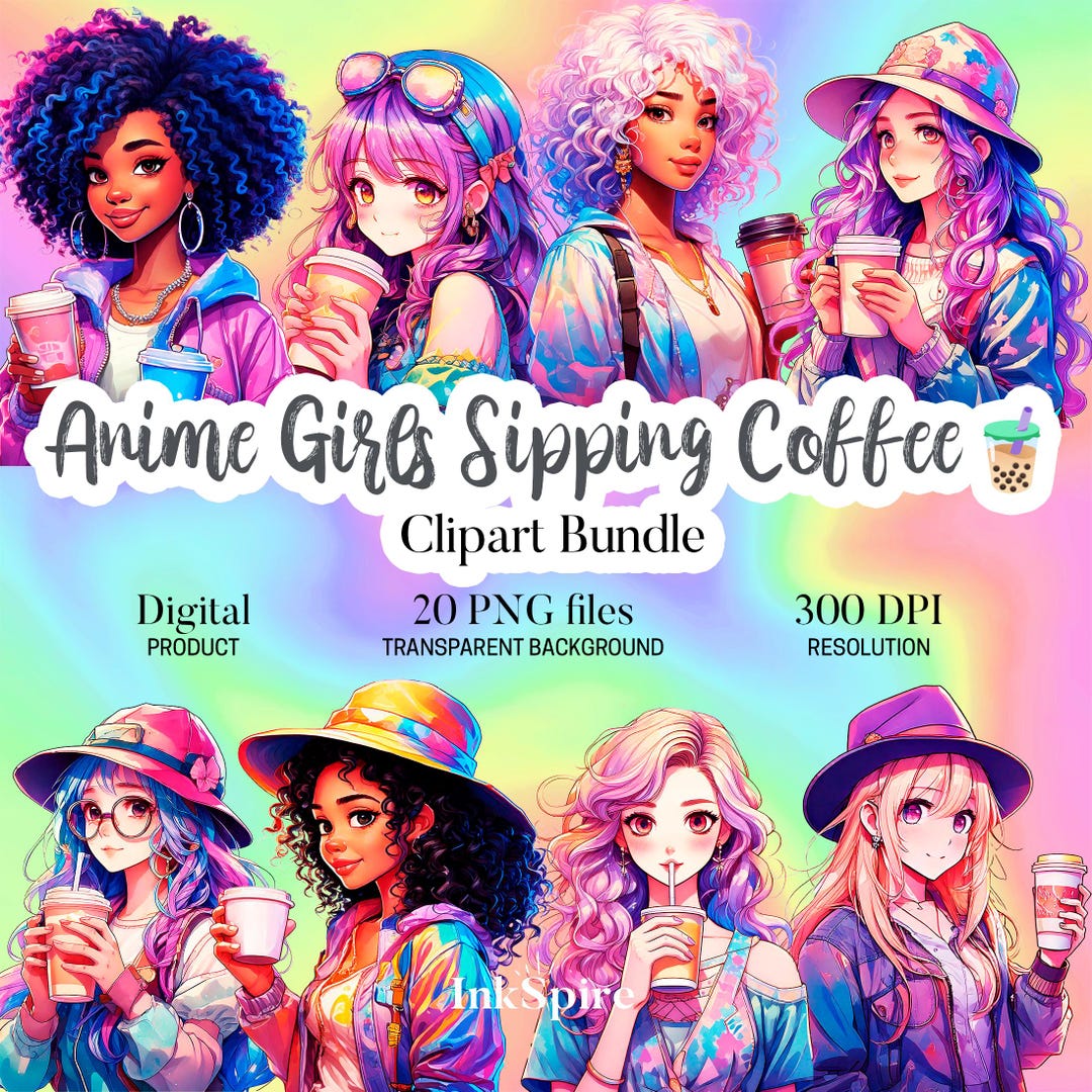 Iridescent Anime Girls Coffee Clipart Bundle, Vibrant PNG Collection ...
