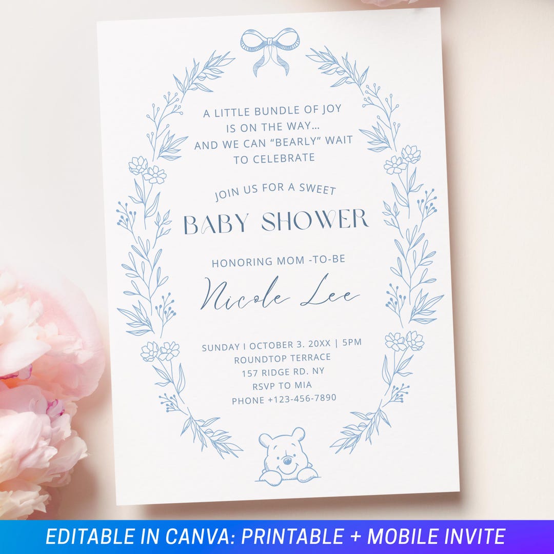 Classic Pooh Baby Shower Invitation, Blue Toile Canva Template ...