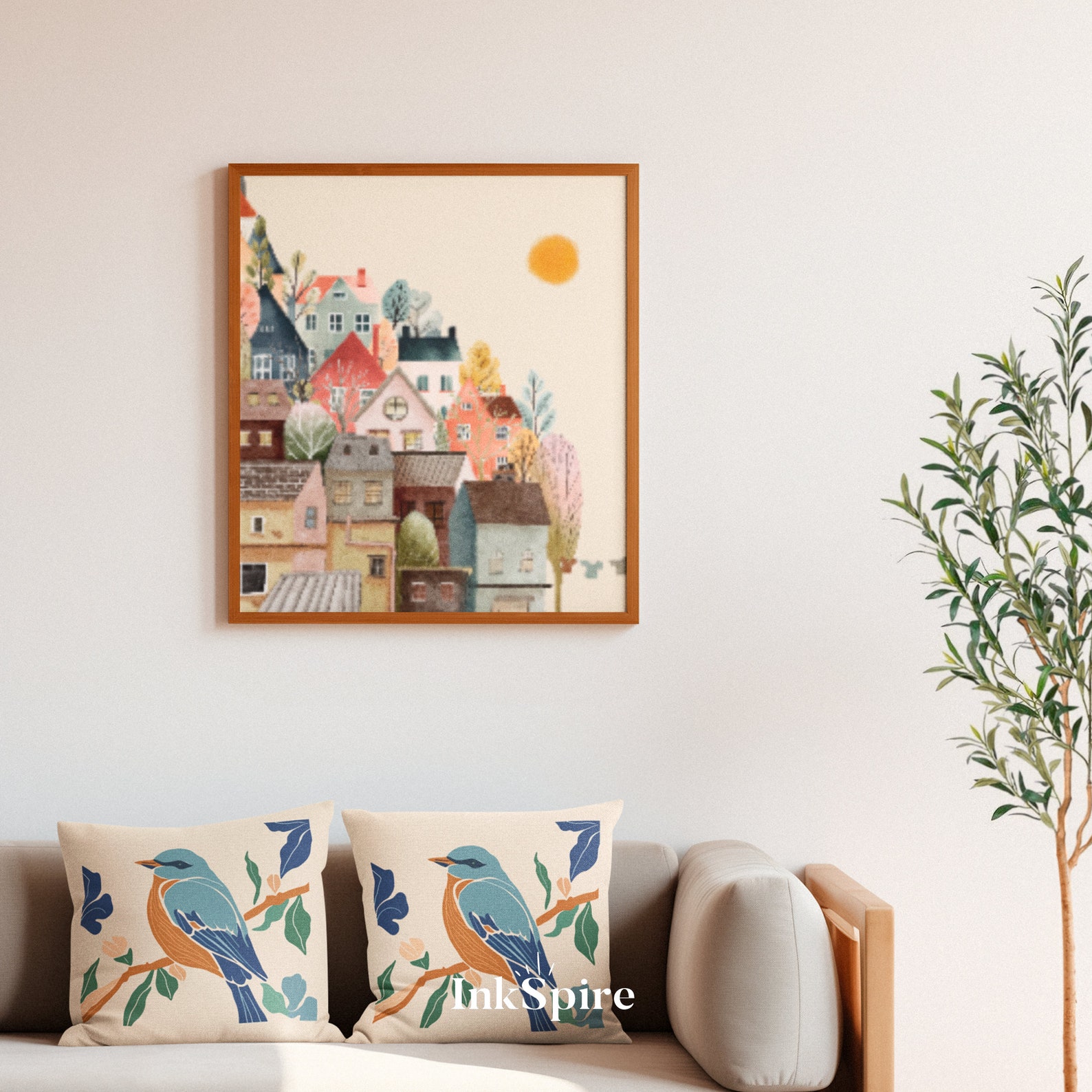 Charming Village Art Print: Whimsical Townscape With Autumn Trees ...