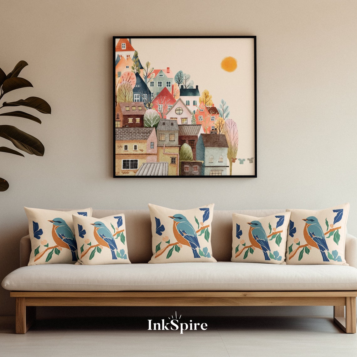 Charming Village Art Print: Whimsical Townscape With Autumn Trees ...