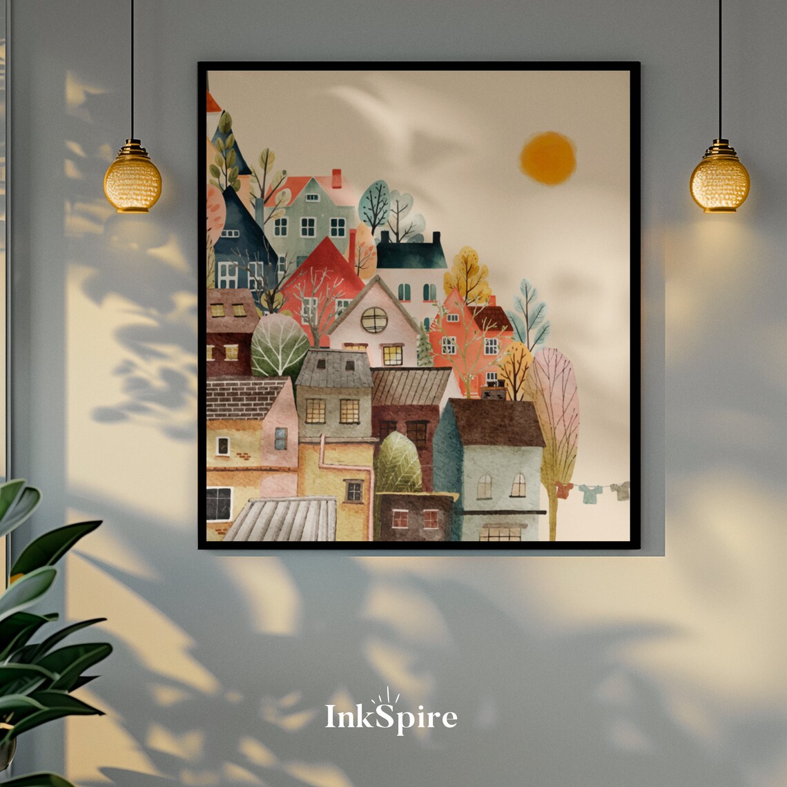 Charming Village Art Print: Whimsical Townscape With Autumn Trees ...