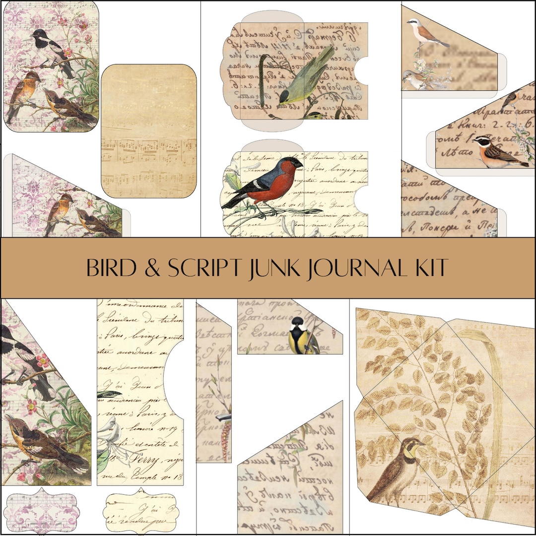 Bird Junk Journal Kit - Vintage Bird & Script Pockets Tags Envelopes ...